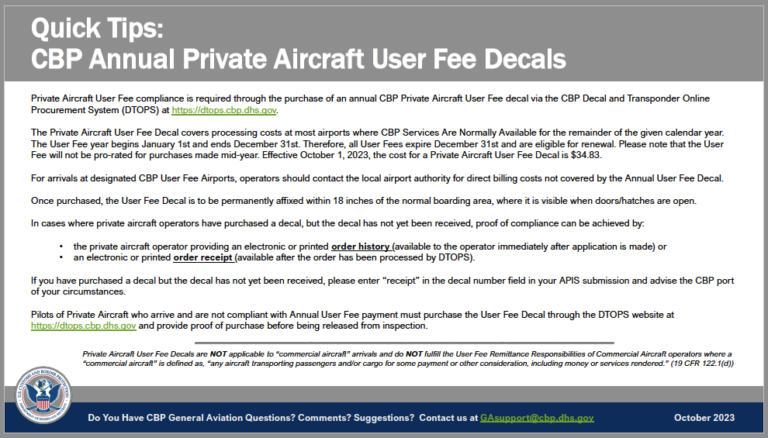 2024 CBP Private Aircraft User Fee Decals Are Now Available